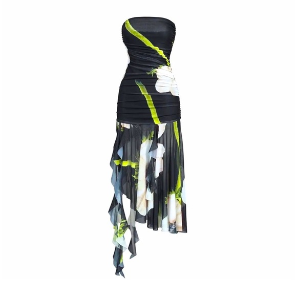 Commense | Dresses | Commense Gardenia Floral Mesh Pleate Tube Midi ...